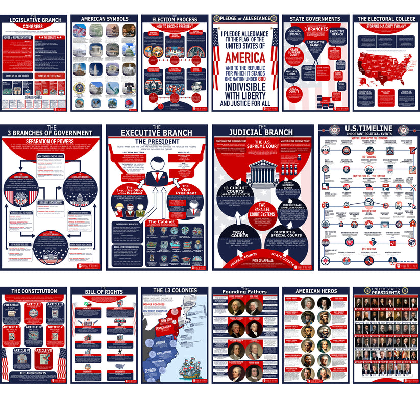 16 US Government History Large Poster Pack Charts for Classrooms 12.5x ...