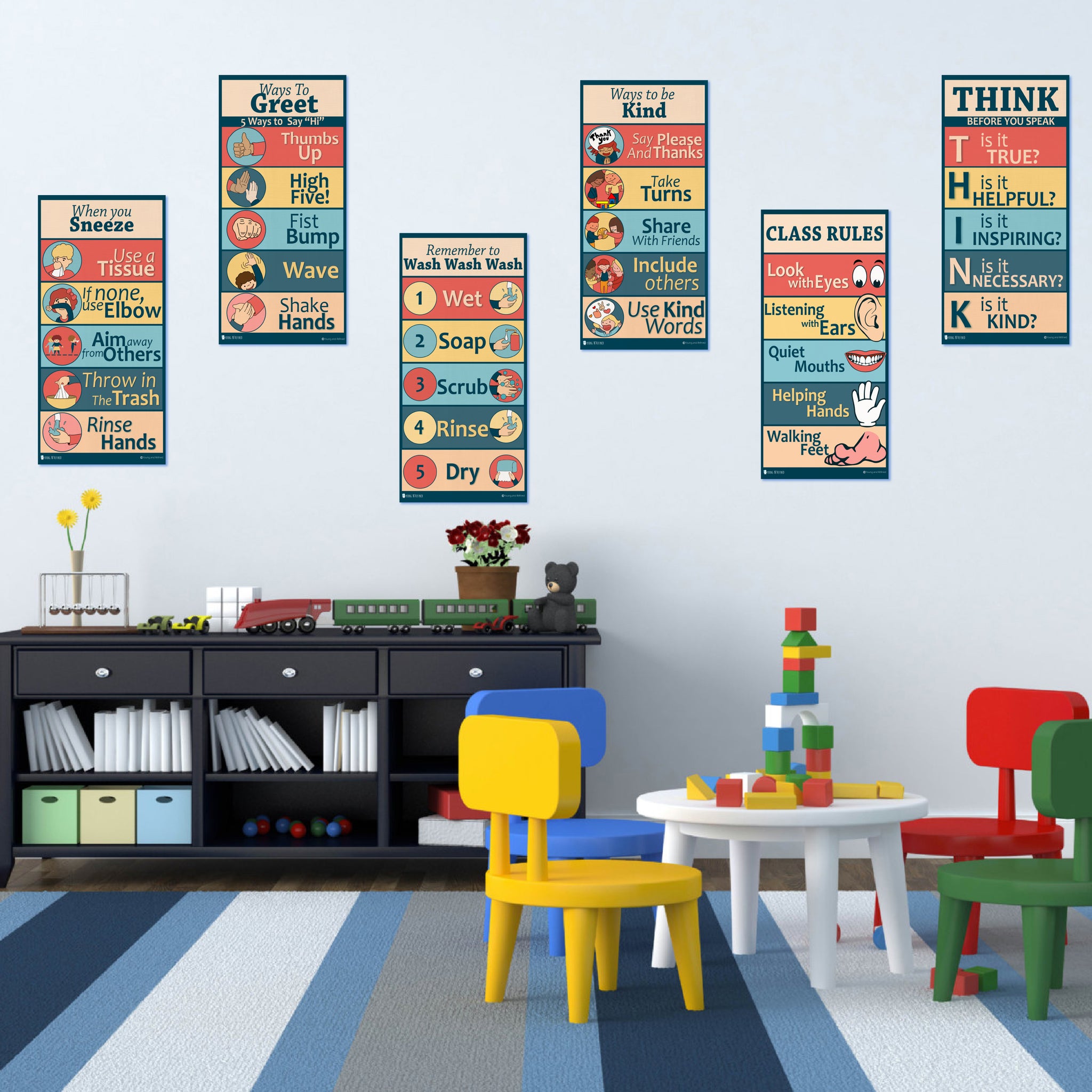 Classroom Rules posters 6 pack of laminated school signs (9x19) Young ...