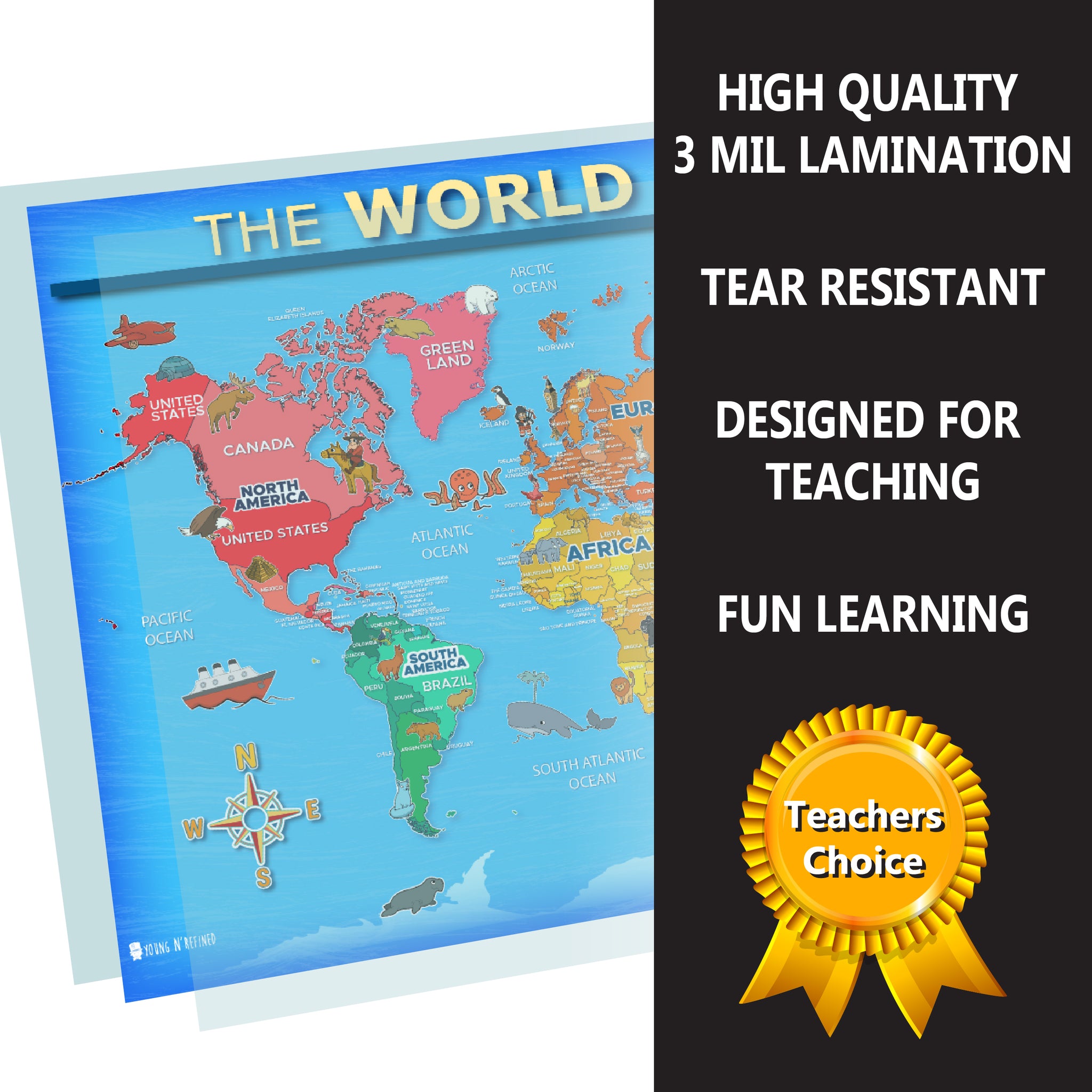 USA and World map poster 2 pack for kids Laminated large illustrated L ...